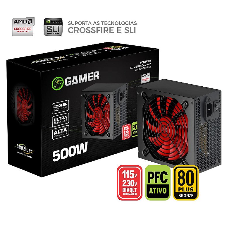 FONTE ATX 500W 80PLUS BRONZE BRAZILPC BPC/500-80PLUS/B 24 PINOS (2xIDE ...