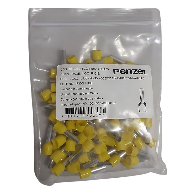 E6012-YELLOW | Terminal Ilhós Pré-isolado 6mm² - Amarelo (Pct c/ 100 ...