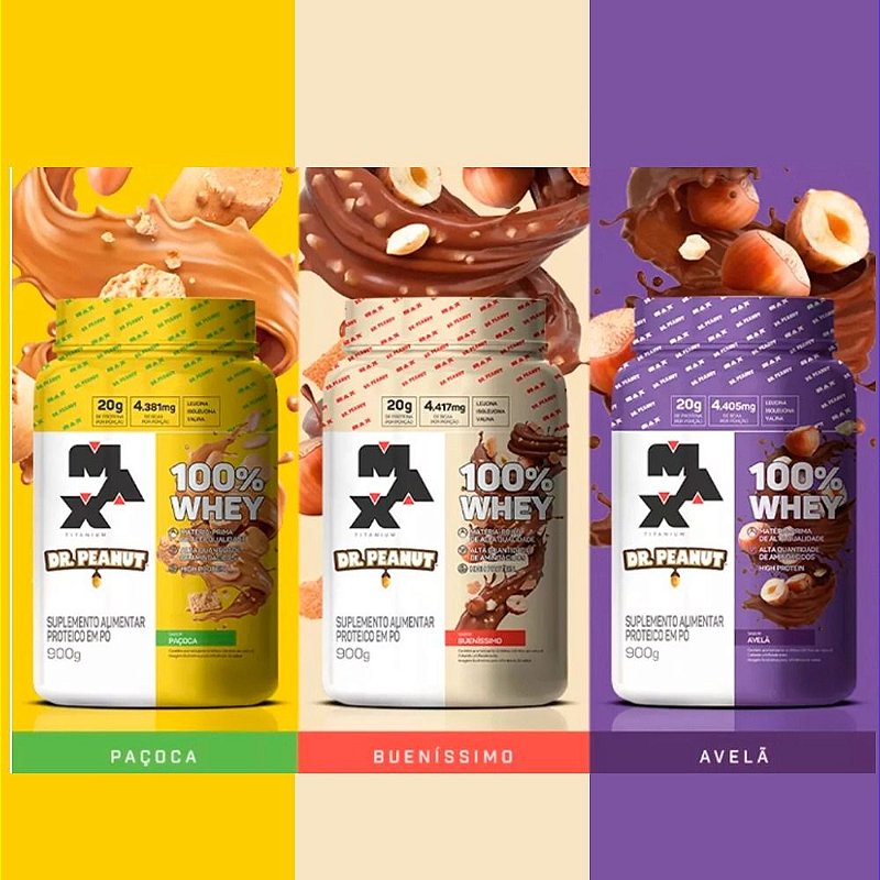 Dr Peanut x 100% Whey Protein Max Titanium 900g - Diversos Sabores ...