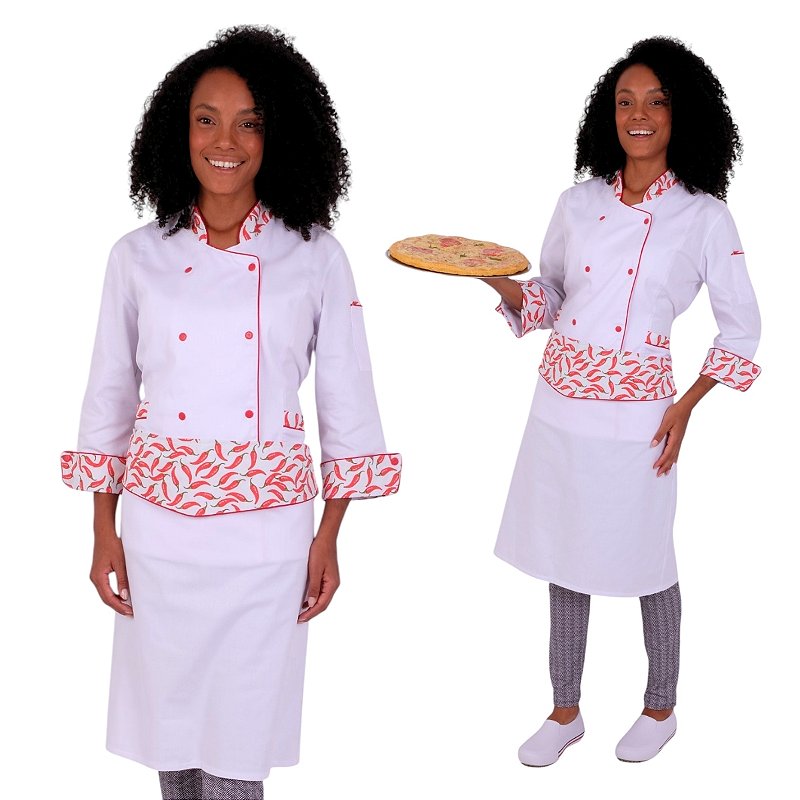 Kit Chef de Cozinha Dólmã + Avental Feminino Pimentas - Dr Chef - DR.CHEF