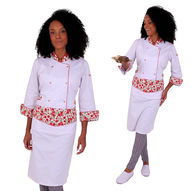 Kit Chef de Cozinha Dólmã + Avental Floral Vermelho Feminino - Dr Chef - DR.CHEF