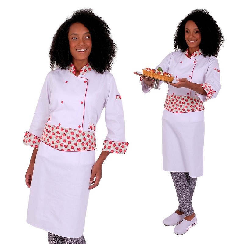 kit Chef de Cozinha Dólmã + Avental Estampa Morangos - Dr Chef - DR.CHEF