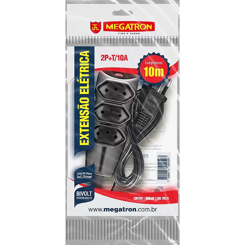 Extensão elétrica 3 tomadas 10A 10 metros Megatron - Crystal Informática