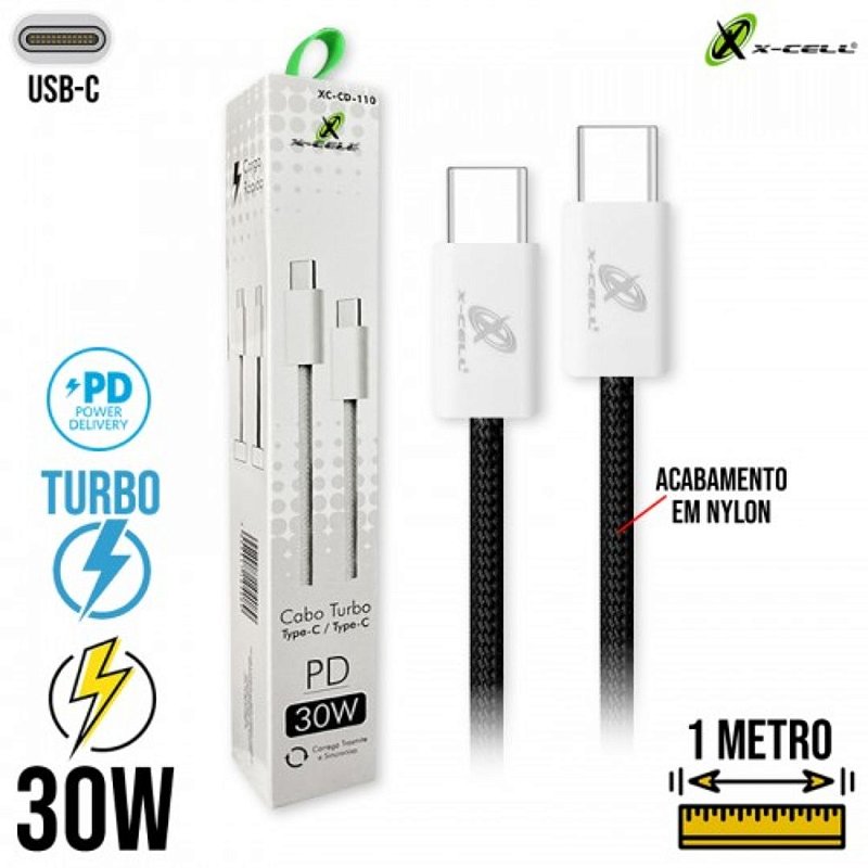 Cabo USB Tipo C 1 Metro X-Cell XC-CD-110 - Crystal Informática