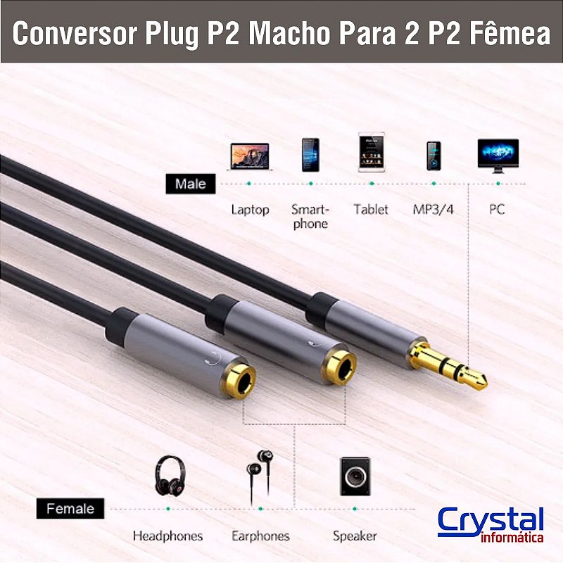 Conversor adaptador Plug P2 Macho Para 2 P2 Fêmea - Crystal Informática