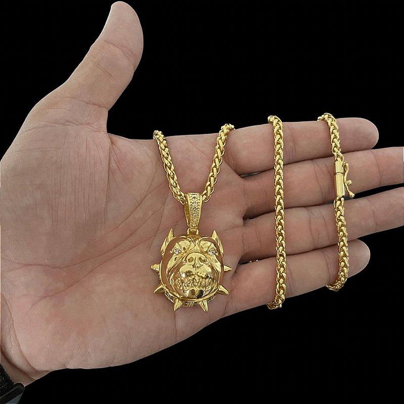 CORRENTE PERUANA (5mm- 70cm) + PINGENTE PITBULL 5D - BANHADO A OURO 18K. - DELUXE JOIAS RECIFE ...