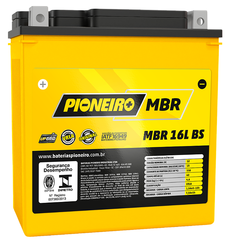 Bateria Moto AGM/VRLA Pioneiro MBR 16L BS 12V 15Ah - Garagem Total