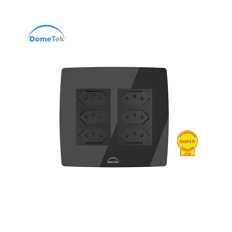 Tomada Sextupla 20A c/ Placa 4x4 Preta - Dometek | Disfer - - Disfer
