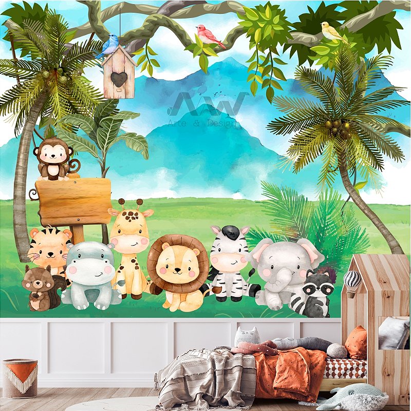 Safari infantil com animais na grama e montanha azul ao fundo - Aw Arte ...