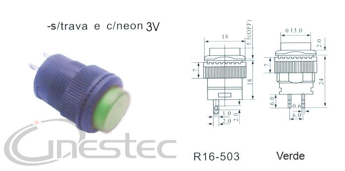 CHAVE PUSH BOTON GRANDE SEM TRAVA COM NEON VERDE R16 503BD - Cinestec
