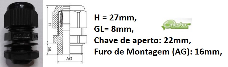 PRENSA CABO CONTRA PORCA - NYLON 6.6 - M16 X 1,5MM PR - Cinestec
