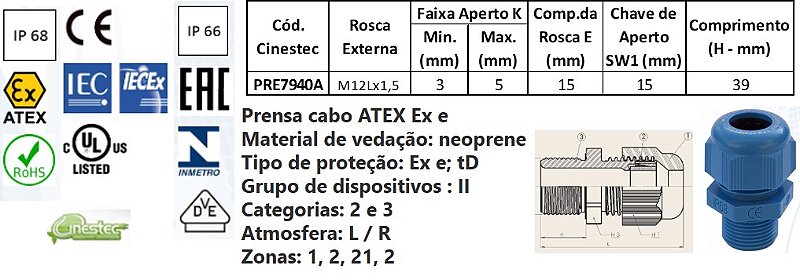 PRENSA CABO S-TEC ATEX PA6 EXI M16L X 1,5 - ROSCA LONGA - ANEL D - Cinestec