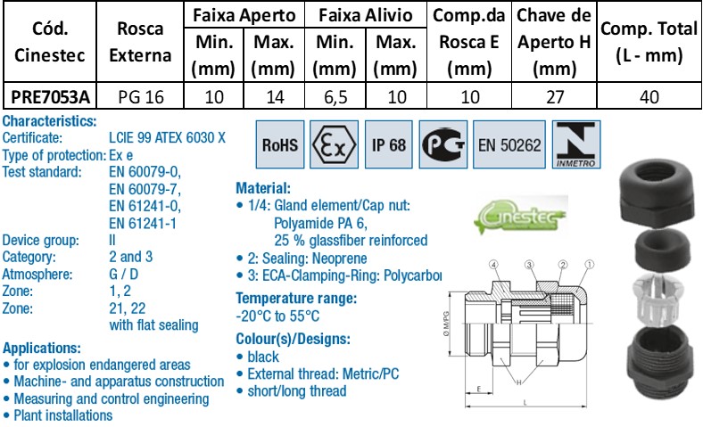 PRENSA CABO WADE-TEC EXE ATEX PA6 PG 16 - ROSCA CURTA - Cinestec