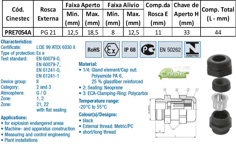 PRENSA CABO WADE-TEC EXE ATEX PA6 PG 21 - ROSCA CURTA - Cinestec