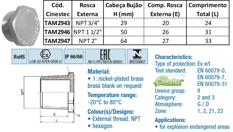 TAMPAO LATÃO NIQUEL 6P 3/4 NPT EEXE - Cinestec