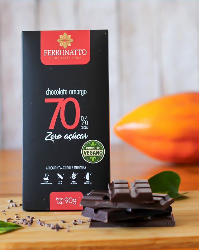 Barra de Chocolate Amargo 70% Cacau Zero Açúcar 90g - Ferronatto Chocolates