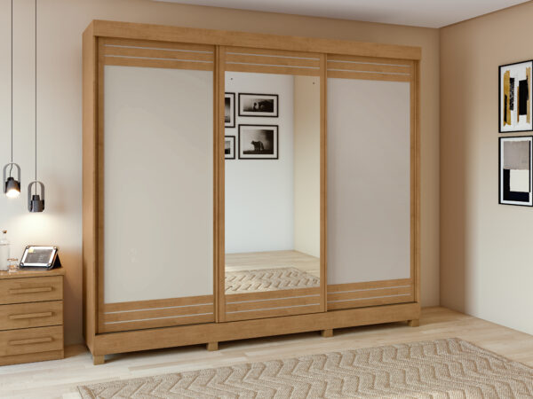 Roupeiro Nice C/Pés 3 Portas Com Espelho - Cor Amêndoa/off white - CASA FORNER