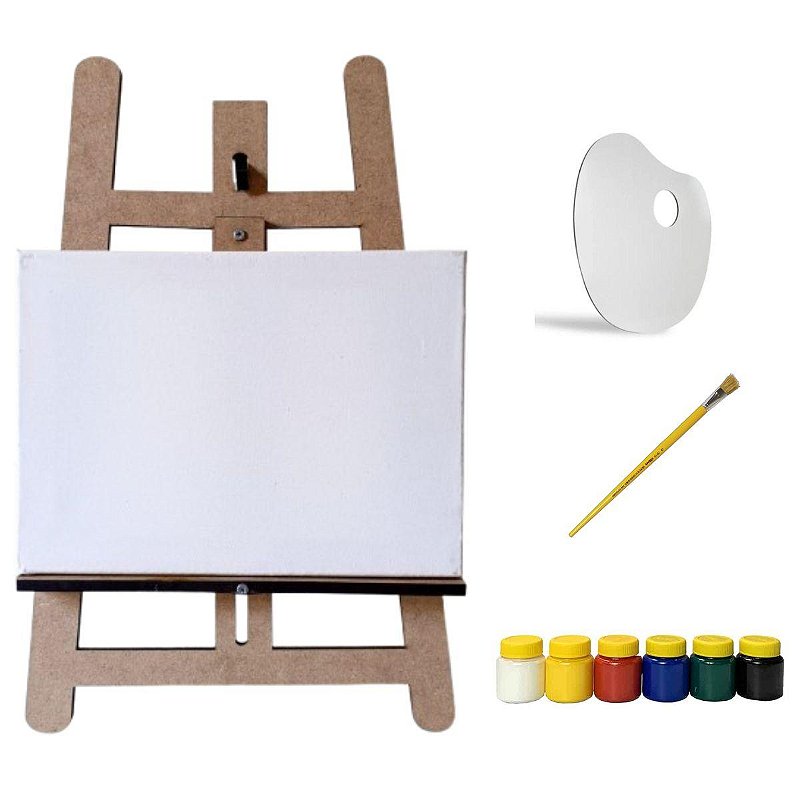 Kit Pintura Mini Cavalete Tripé Madeira MDF Cru, Tela, Pincel, 6 Tintas ...