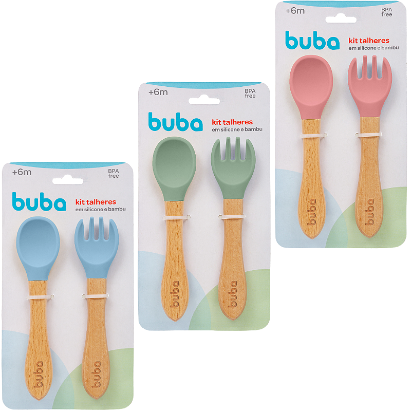 Kit Talher Infantil Colher e Garfo Silicone e Bambu Buba Introdução ...