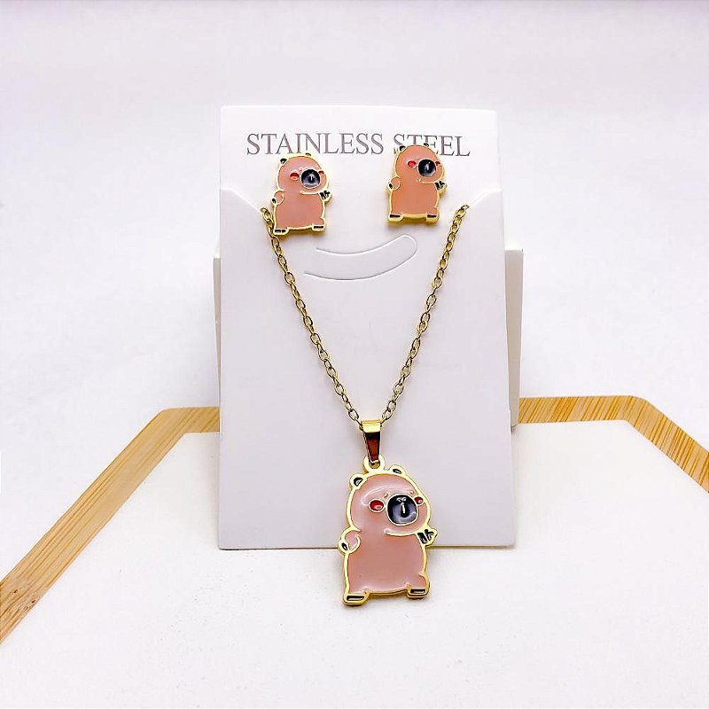 CONJUNTO COLAR E BRINCO AÇO INOXIDÁVEL CAPIVARA - DOURADO - RL Bolsas e ...
