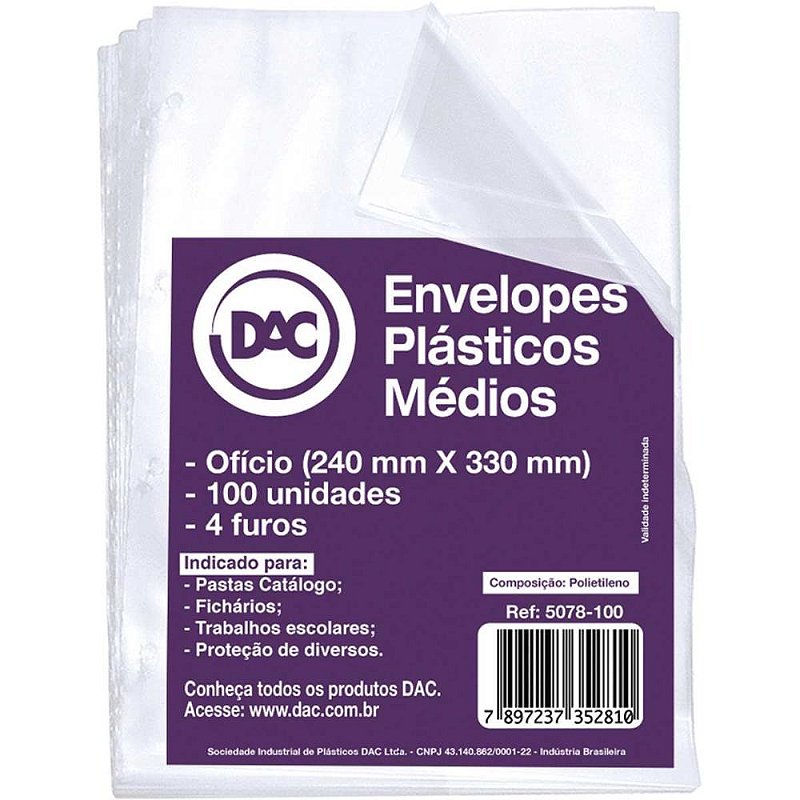 Envelope plastico oficio 4furos medio 0,10mm - dac (pct.c/100 ...