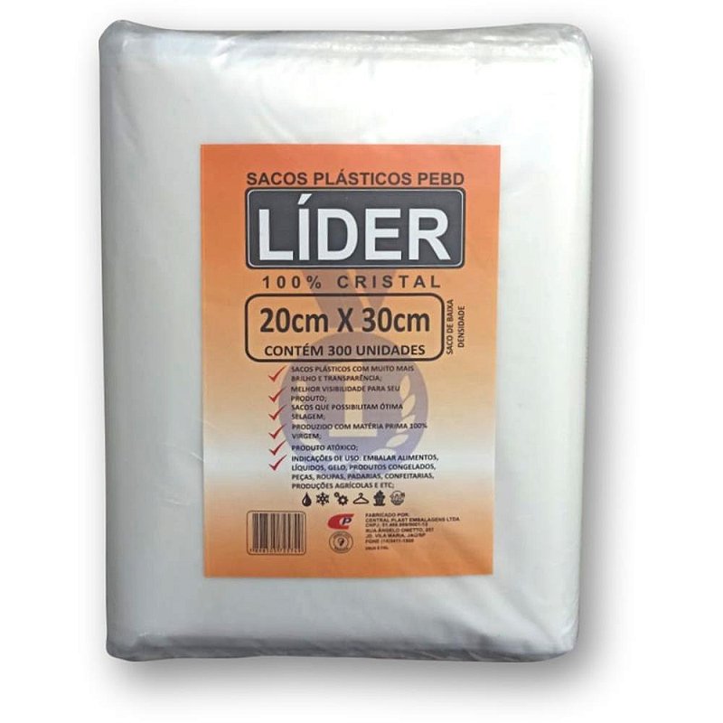 Saco plastico 20x30x0,06 saco pebd 600mm - central plast (pct.c/300 ...