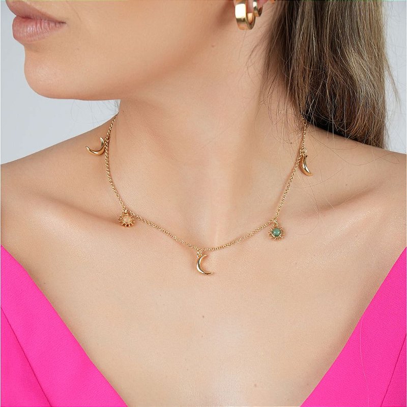 Colar Sol e Lua com Quartzo Verde e Quartzo Rosa - Jaya