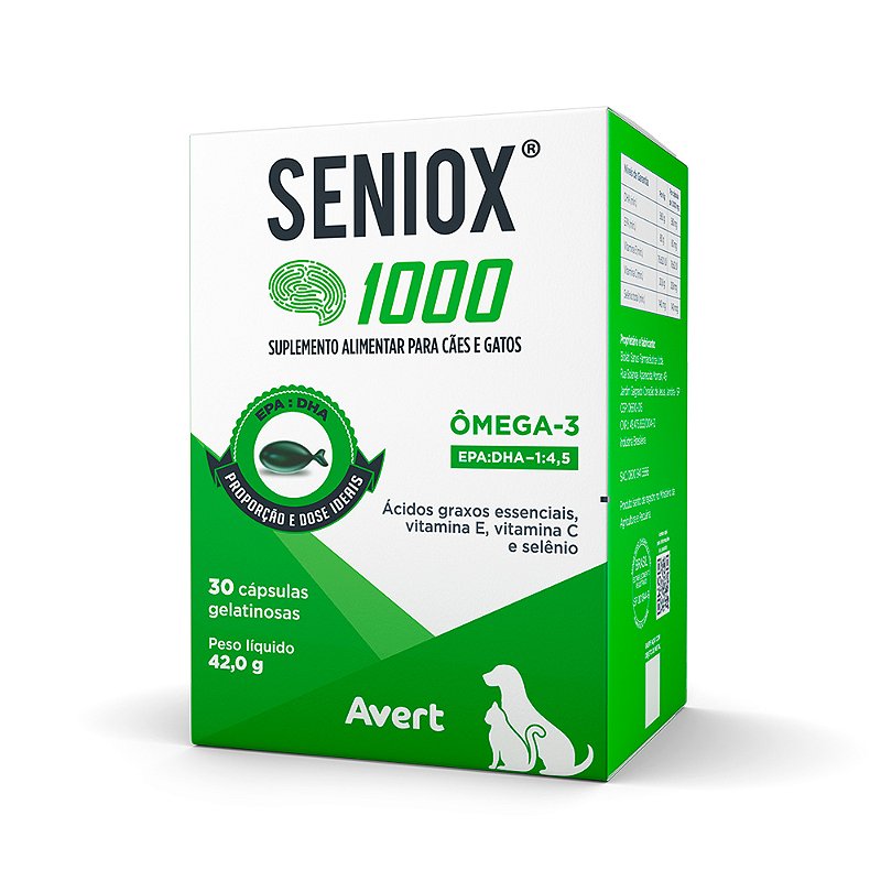 Suplemento Avert Seniox 1000mg para Cães e Gatos 30 Cápsulas - Outpet