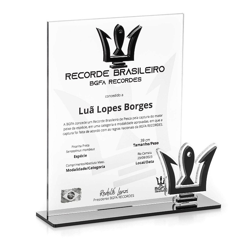 Certificado em forma de Troféu em acrílico - BGFA Recordes
