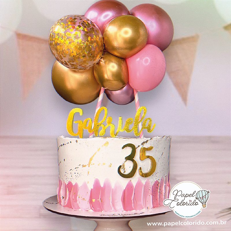 Topo de Bolo: Nome Dourado com Idade - Papel Colorido