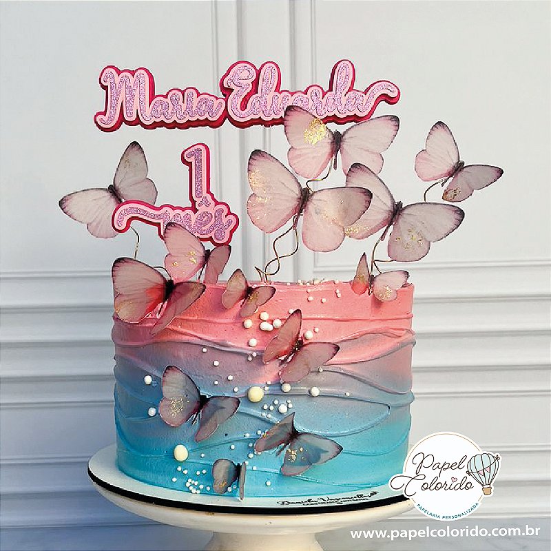 Topo de Bolo: Borboletas transparentes na cor rosa - Papel Colorido