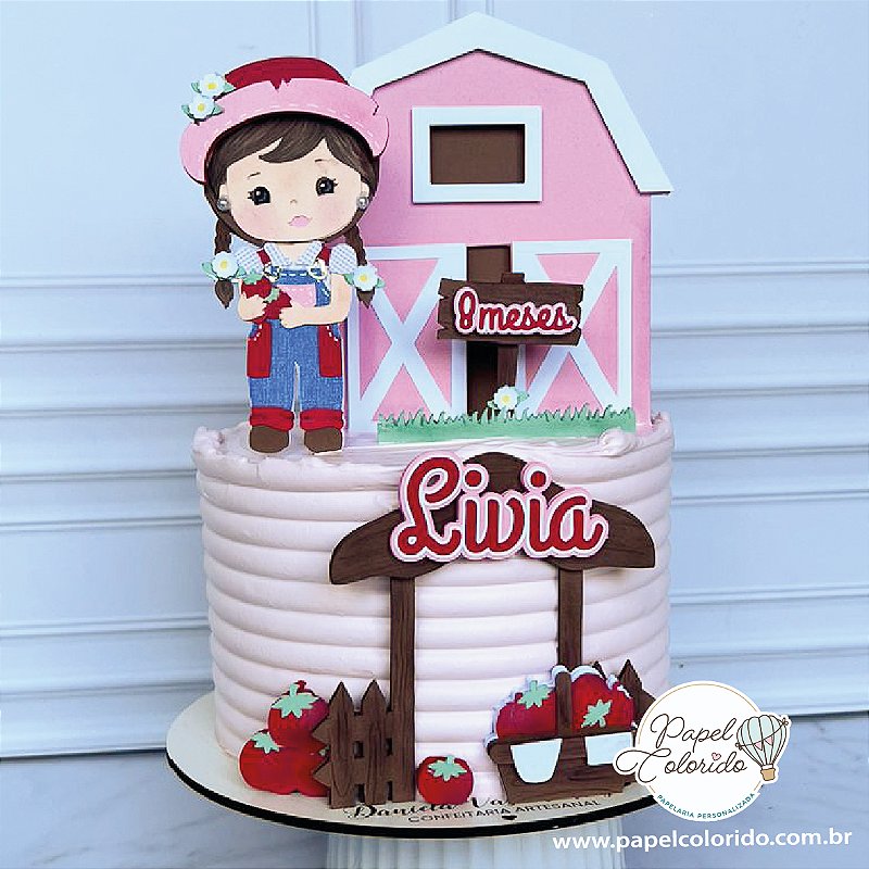 Topo de Bolo: Fazendinha Menina, fazendeira do tomate - Papel Colorido