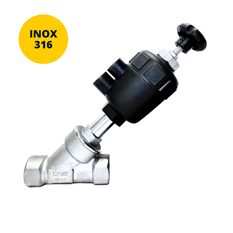 Válvula Pneumática Angular 3/4" NF Aço Inox 316 com Regulagem - Hambor ...