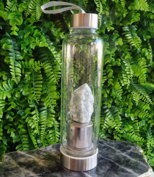 Garrafa Infusão Elixir Vidro 550ml Com Pedra Quartzo Verde Bruto - Atacado dos Cristais