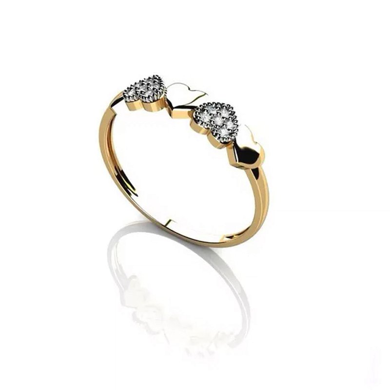 Anel de Ouro Corações com Zircônia - Sterom Joalheria - www.sterom.com.br