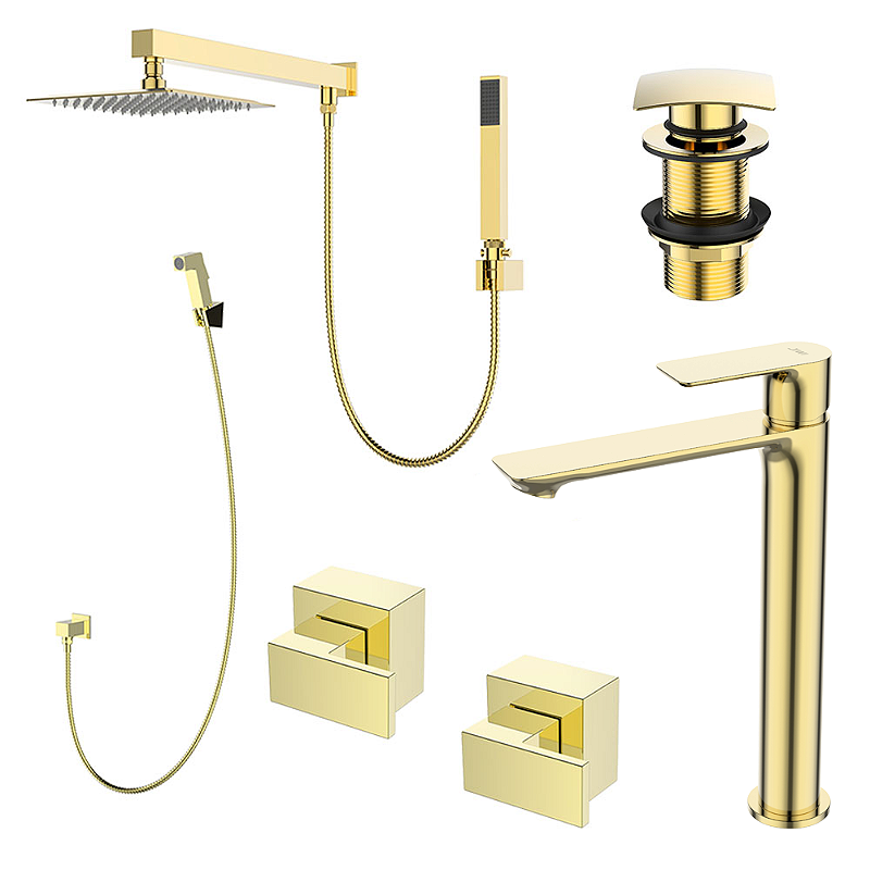 Kit 6 Peças Com Bica Alta WJ-2885-MK-GD e Chuveiro Com Desviador Gold ...