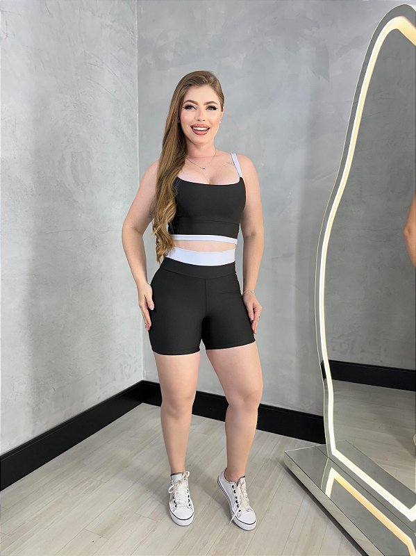 Conjunto Tamires Short+ Top Bicolor Cor Preto+Branco - Egipcia Moda Fitness
