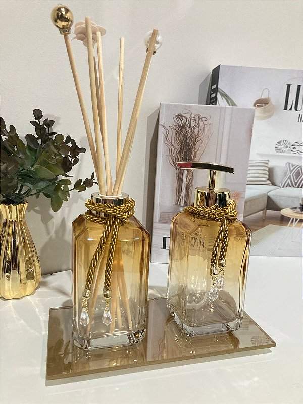 Kit Difusor e Saboneteira com Bandeja Lapidus Dourado Degradê - KRC HOME DECOR