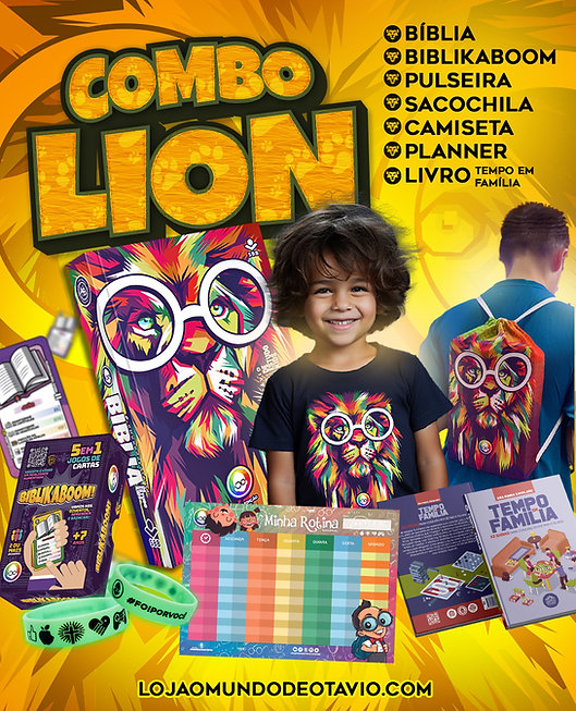 COMBO LION • BÍBLIA+BIBLIKABOOM+SACOCHILA+PULSEIRA+CAMISETA +PLANNER ...