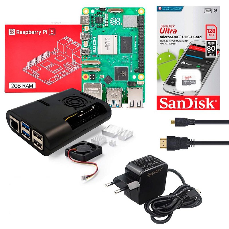 Kit Raspberry Pi 5 2GB microSD 128GB Case Cooler Dissipadores Fonte ...