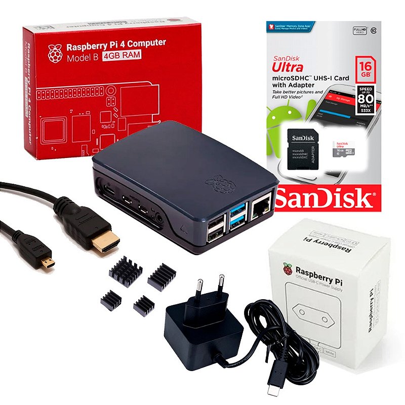 Kit Raspberry Pi 4 4GB Oficial microSD 16GB Case Cooler Dissipadores F ...
