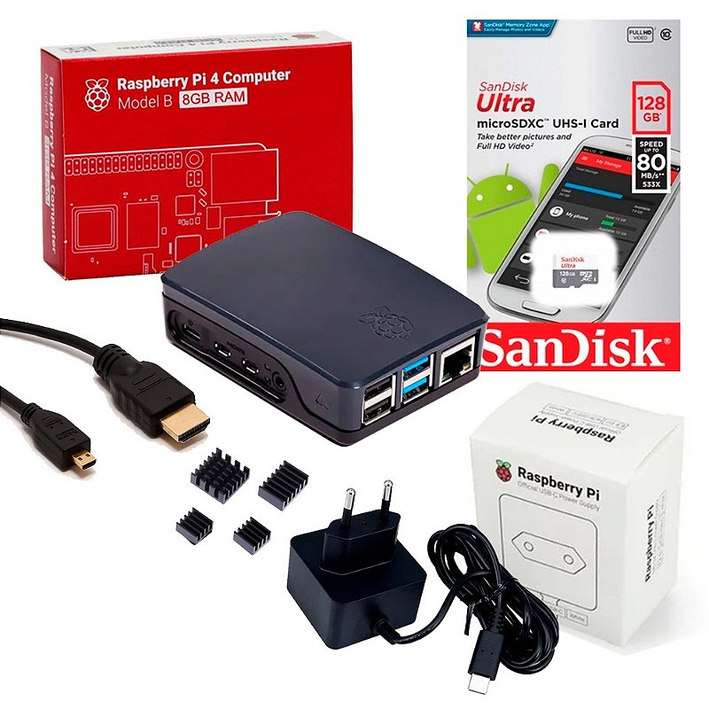 Kit Raspberry Pi 4 8GB Oficial microSD 128GB Case Cooler Dissipadores ...