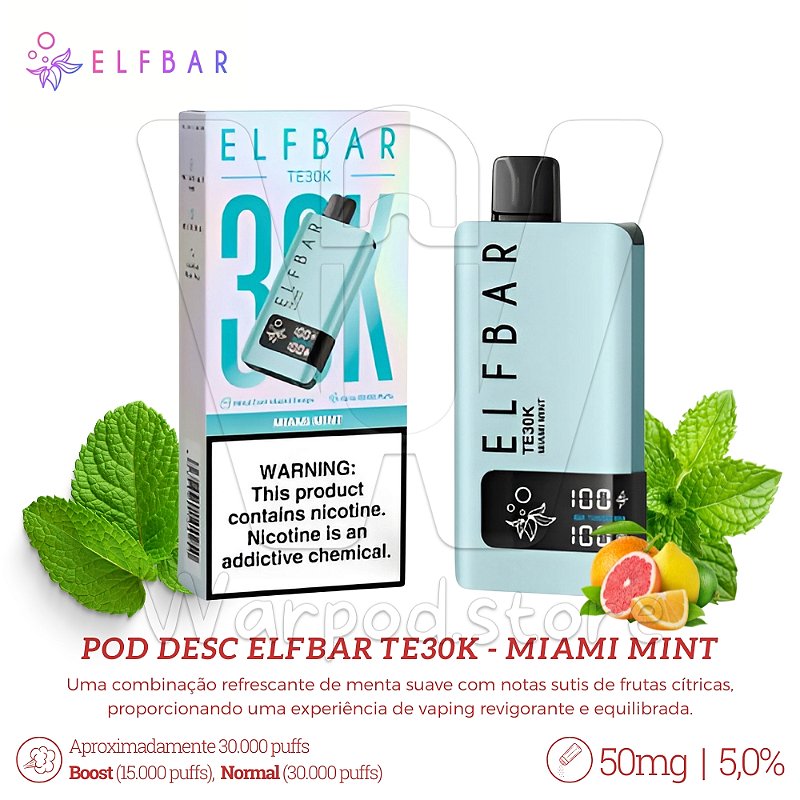 Pod Desc Elfbar TE30k - Miami Mint - Warpod Store - Uma Guerra de Sabores