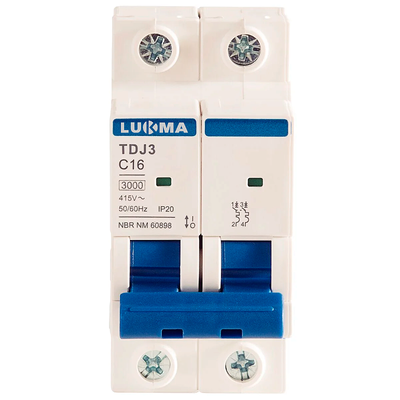 Disjuntor Bipolar 63A Curva C Lukma C63 Mini DIN 3kA - Abilico