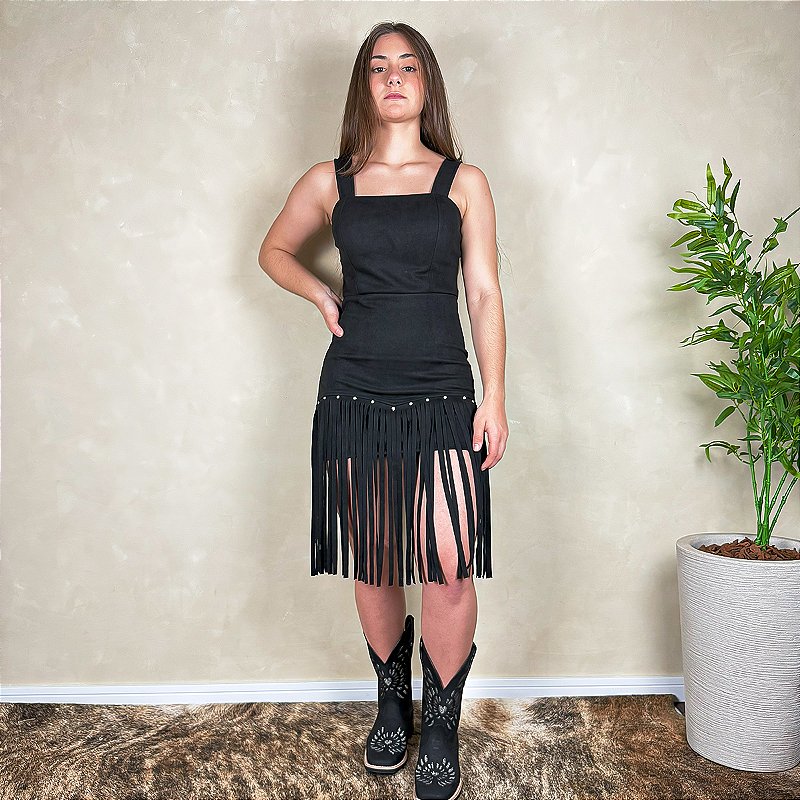 Vestido Country De Franja Suede Preto Rodeio Festa Longo - Paint Horse ...