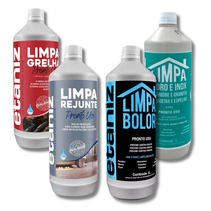 KIT LIMPEZA LIMPA GRELHA + LIMPA REJUNTE + LIMPA VIDRO + LIMPA BOLOR 1L ...