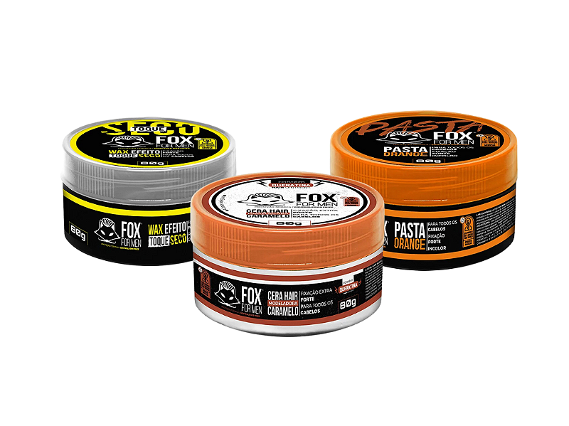 Kit 18 Pomadas Fox 80g (6 Wax Seco, 6 Caramelo, 6 Orange) - BarberBox