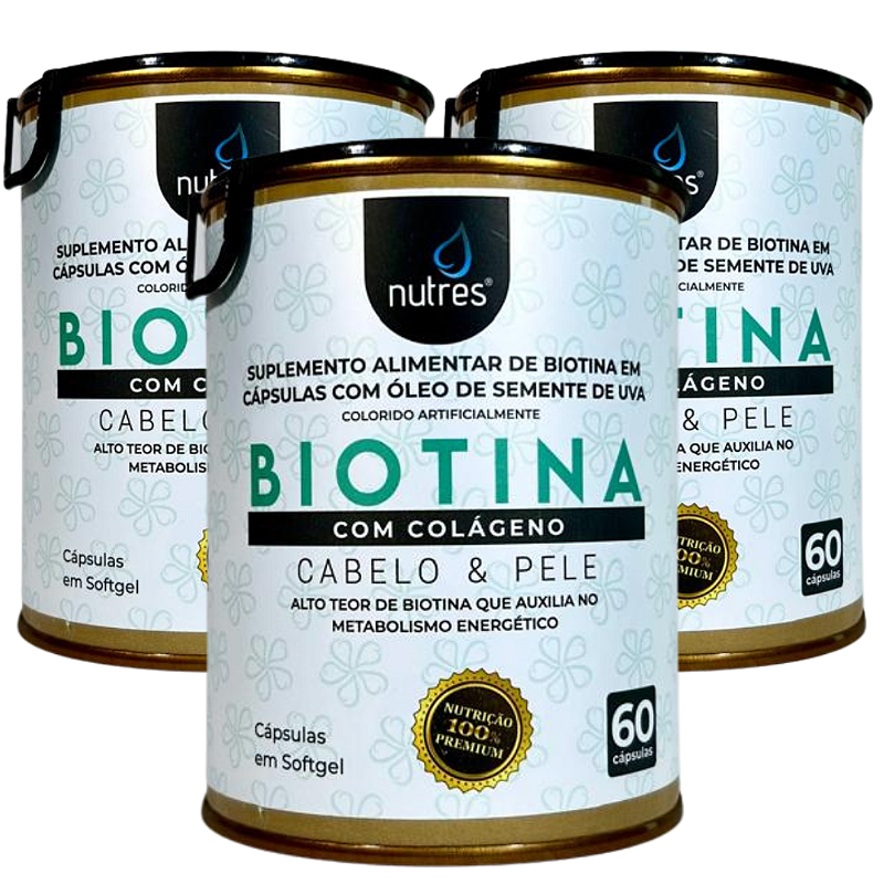 KIT 3 - Nutres Biotina com Colágeno - 60 cápsulas - Nutres