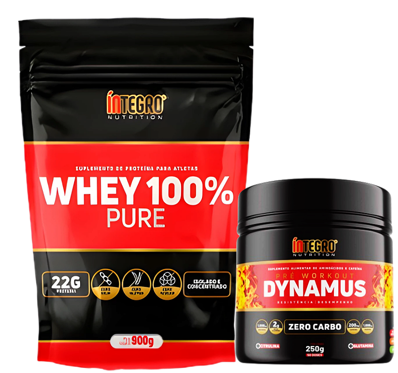 Whey 100% Refil Chocolate 900g + Pré Treino Dynamus 250g - Íntegro Nutrition