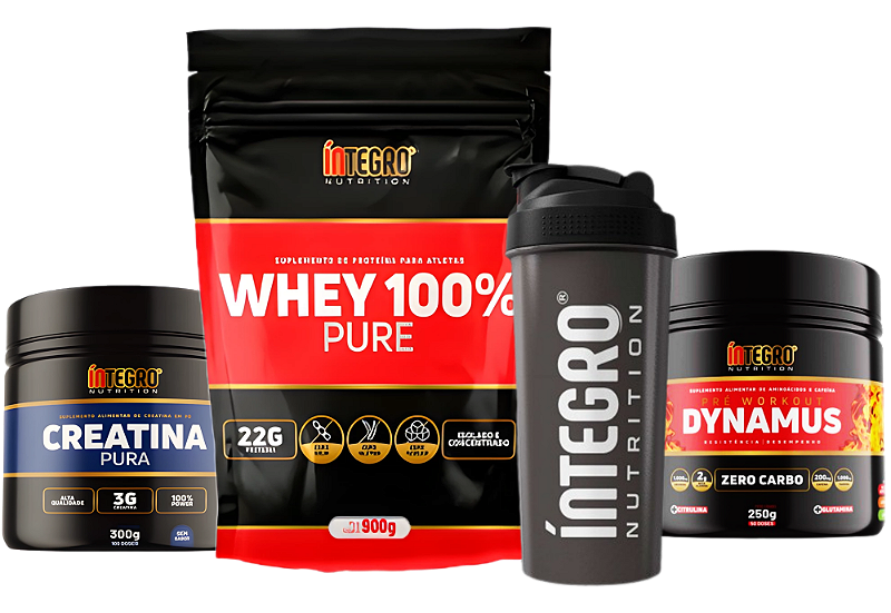 Whey 100% Refil Chocolate 900g + Creatina Pura 300g + Pré Treino Dynamus 250g + Coqueteleira ...